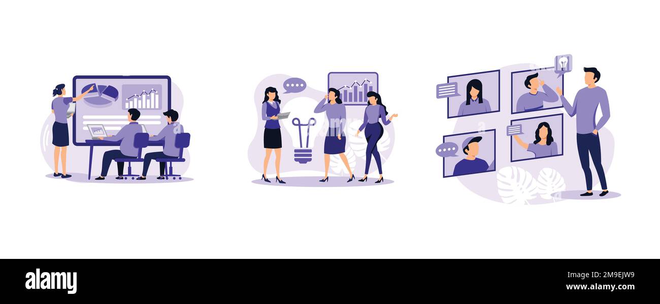 Team communication. Meeting and brainstorm, online meetup, corporate ...