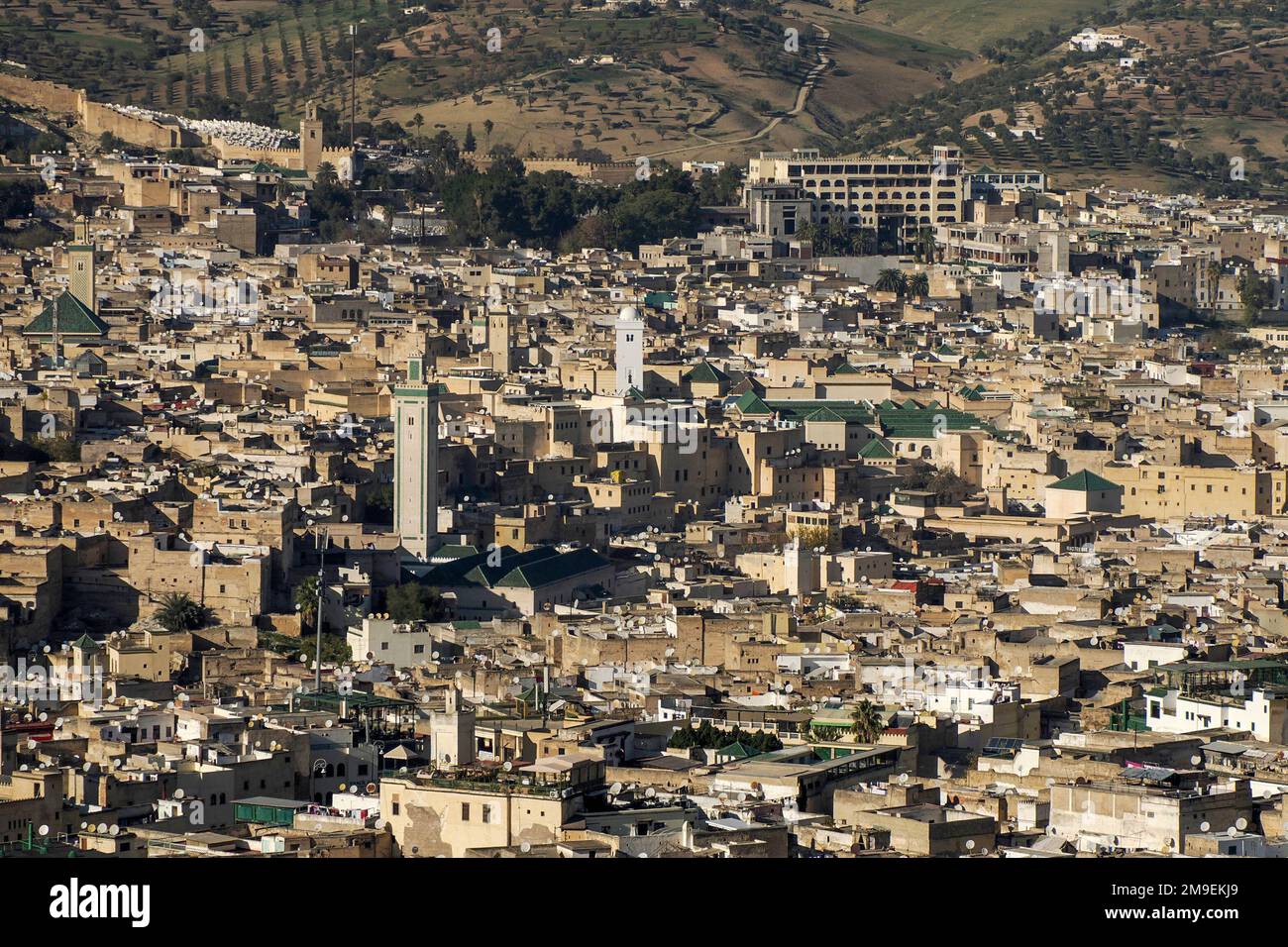 Aerial view of the Fez el Bali medina. Panorama cityscape of the oldest ...