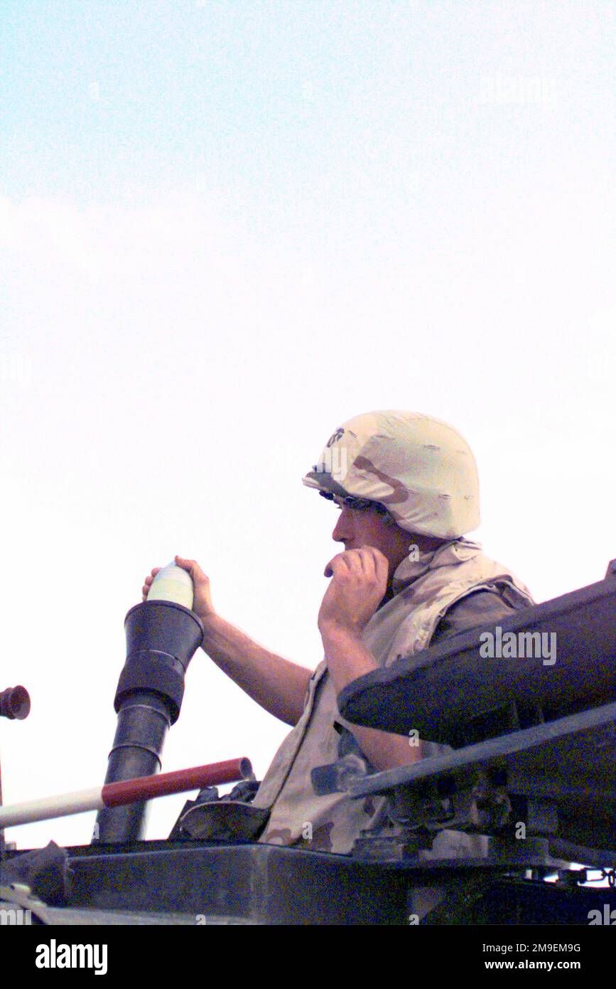 Left side profile medium shot from a low angle at a US Marine with ...