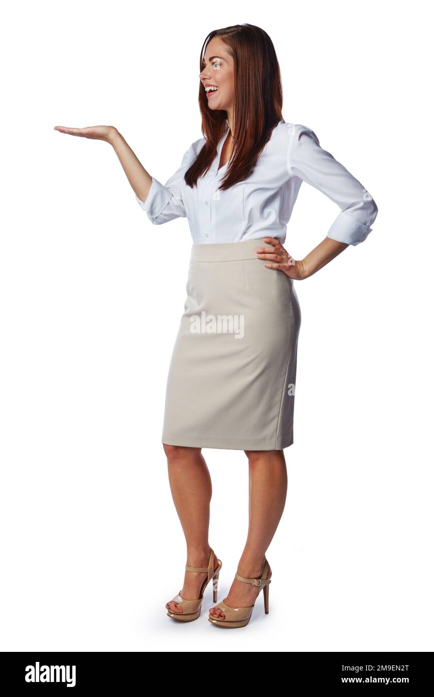 Mockup, hand display and woman on a white background for product ...