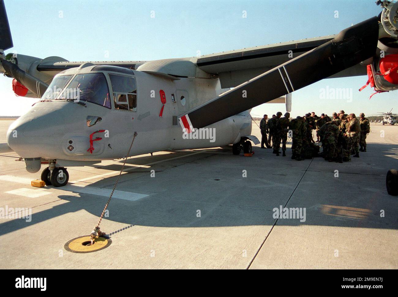 Left side front view medium shot of a US Marine MV-22 Osprey tilt rotor ...