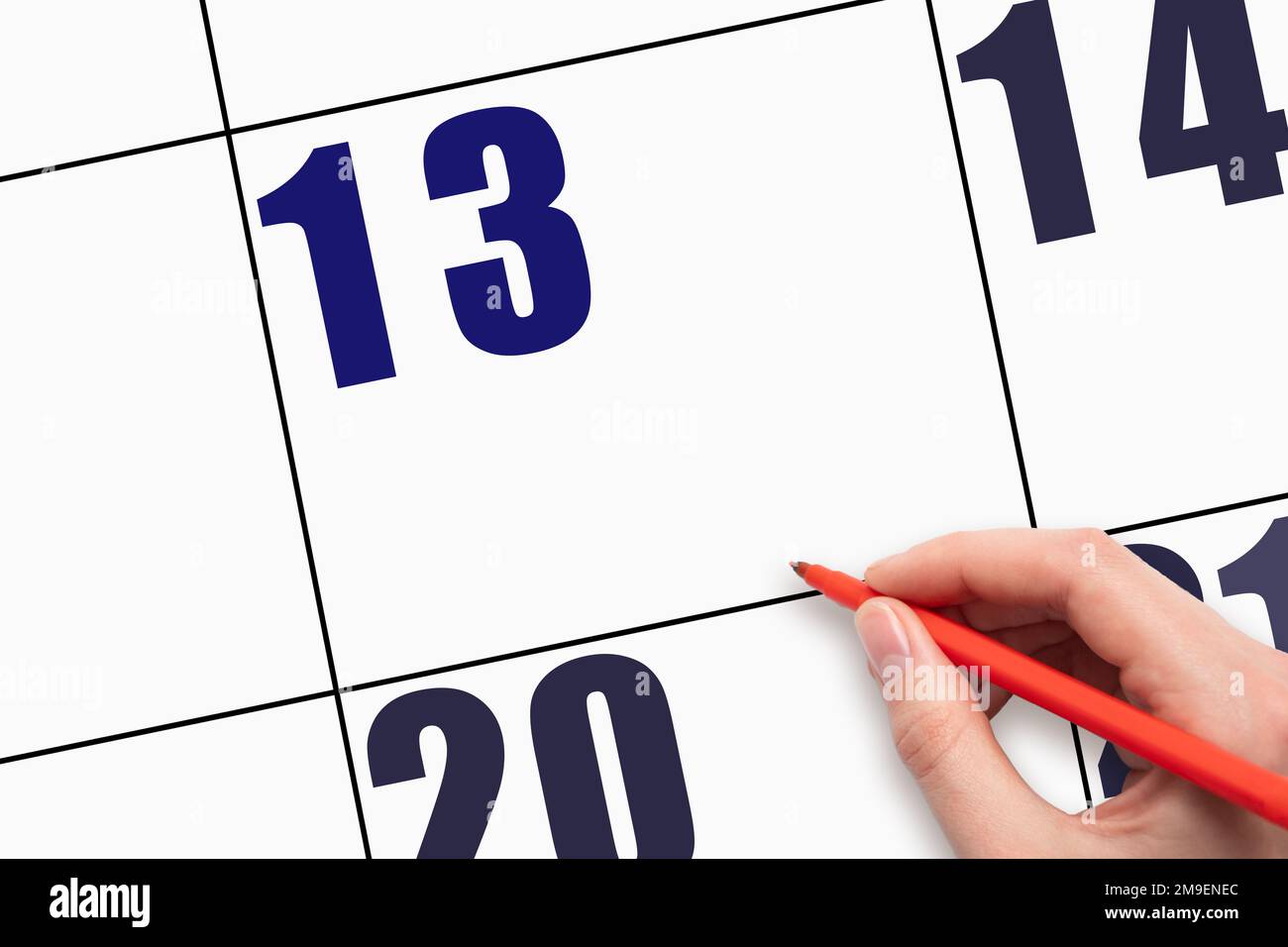 13th day of the month. Hand holding the red pen points to an empty ...