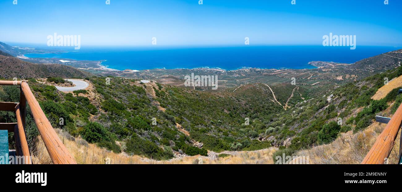 Amazing Terrace, Greek Flag with view over Island Crete, Greece. Wooden ...