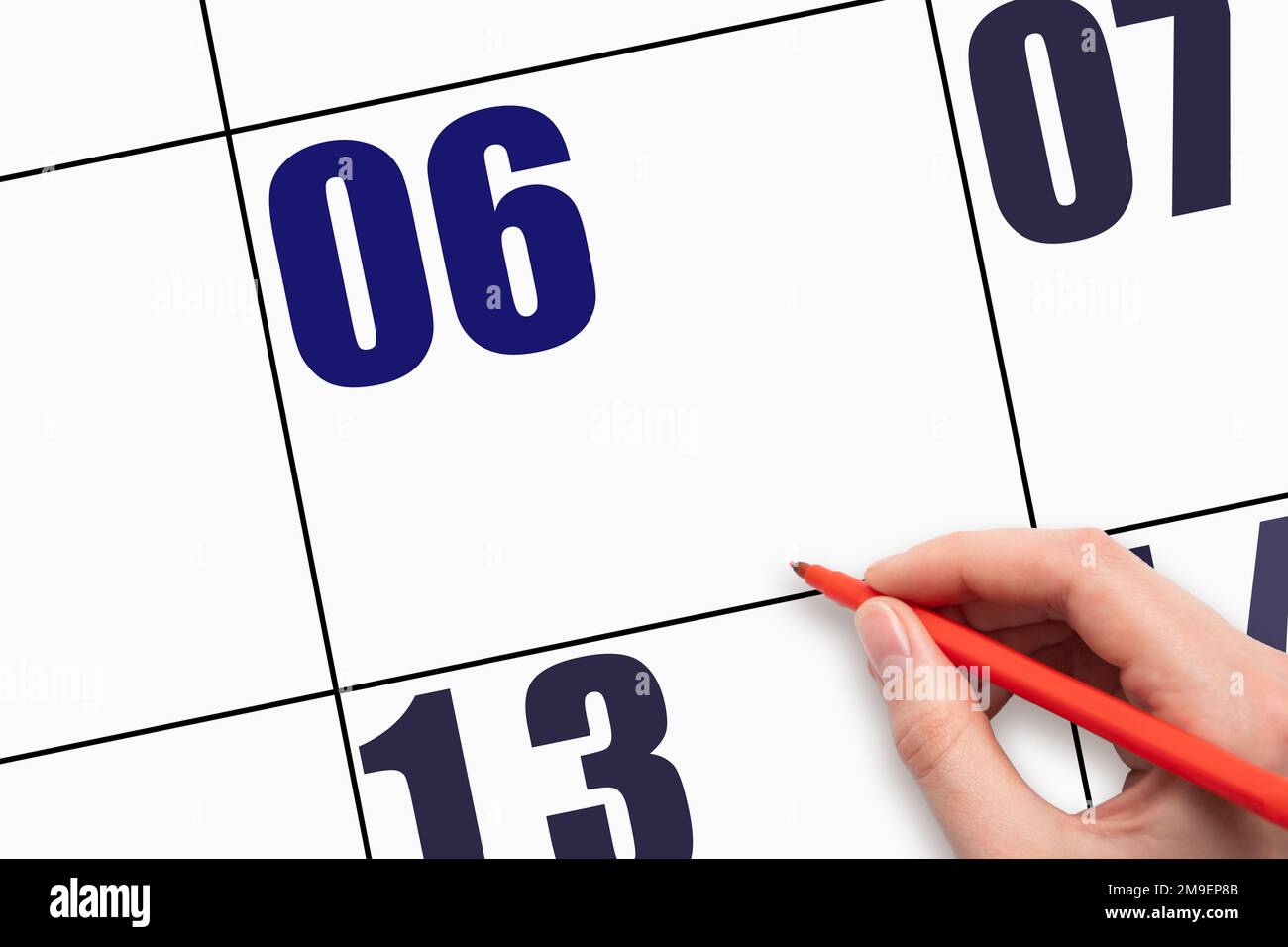 6th day of the month. Hand holding the red pen points to an empty ...