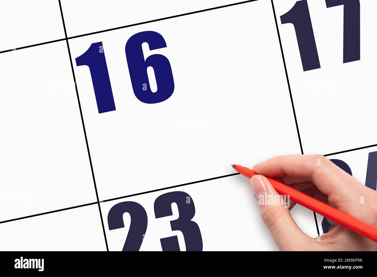 16th day of the month. Hand holding the red pen points to an empty ...