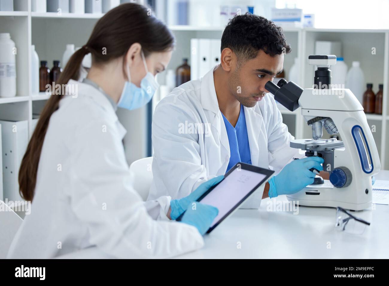 Theres lots to observe and record. two scientists working in a lab ...