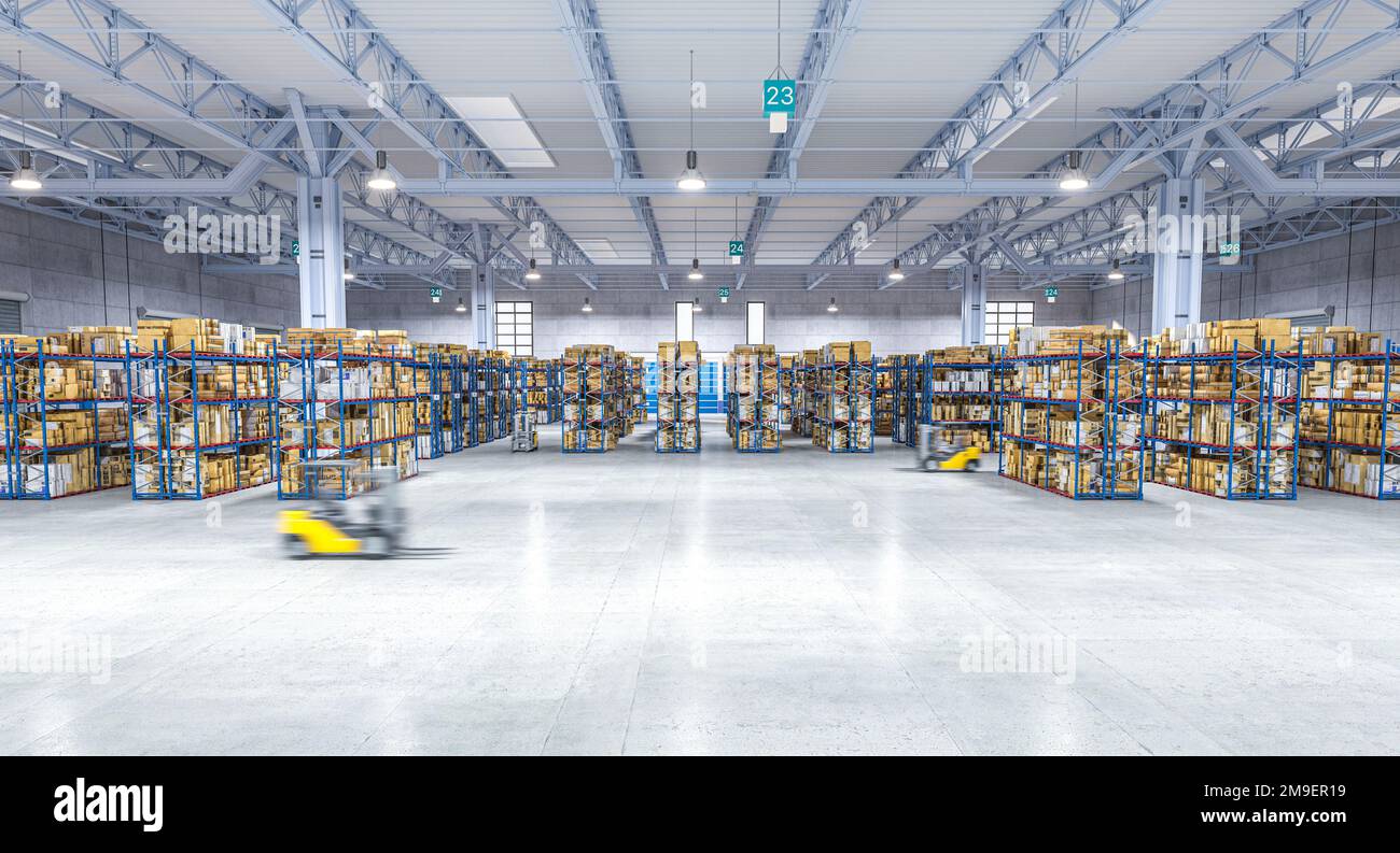 large warehouse with moving vehicle. 3d render Stock Photo - Alamy