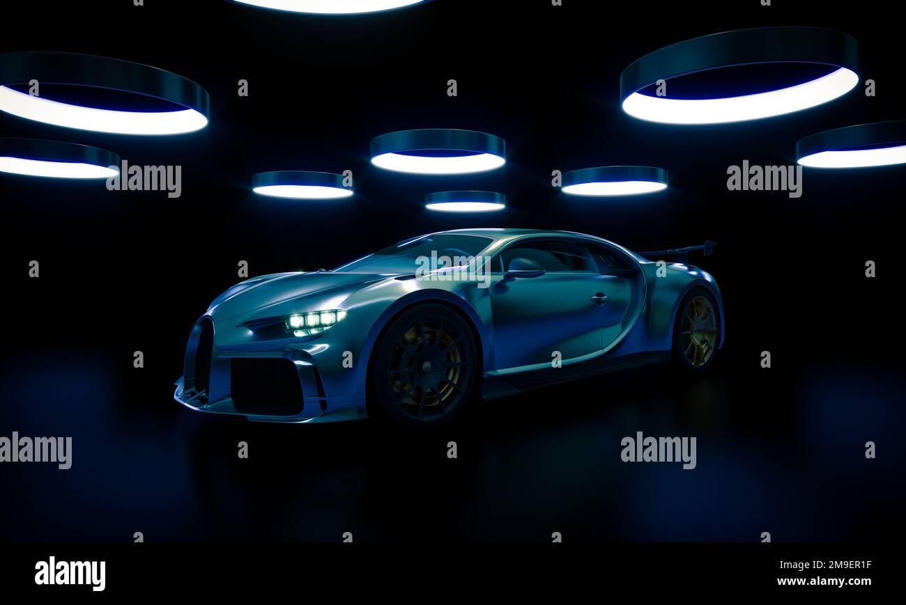 elegant sports car and circular lights on the ceiling. 3d render Stock ...