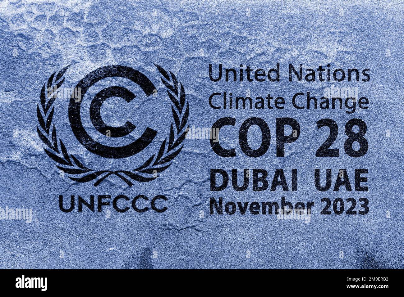 The United Nations Flag, logo of Climate Change (UNFCCC) on a grungy ...