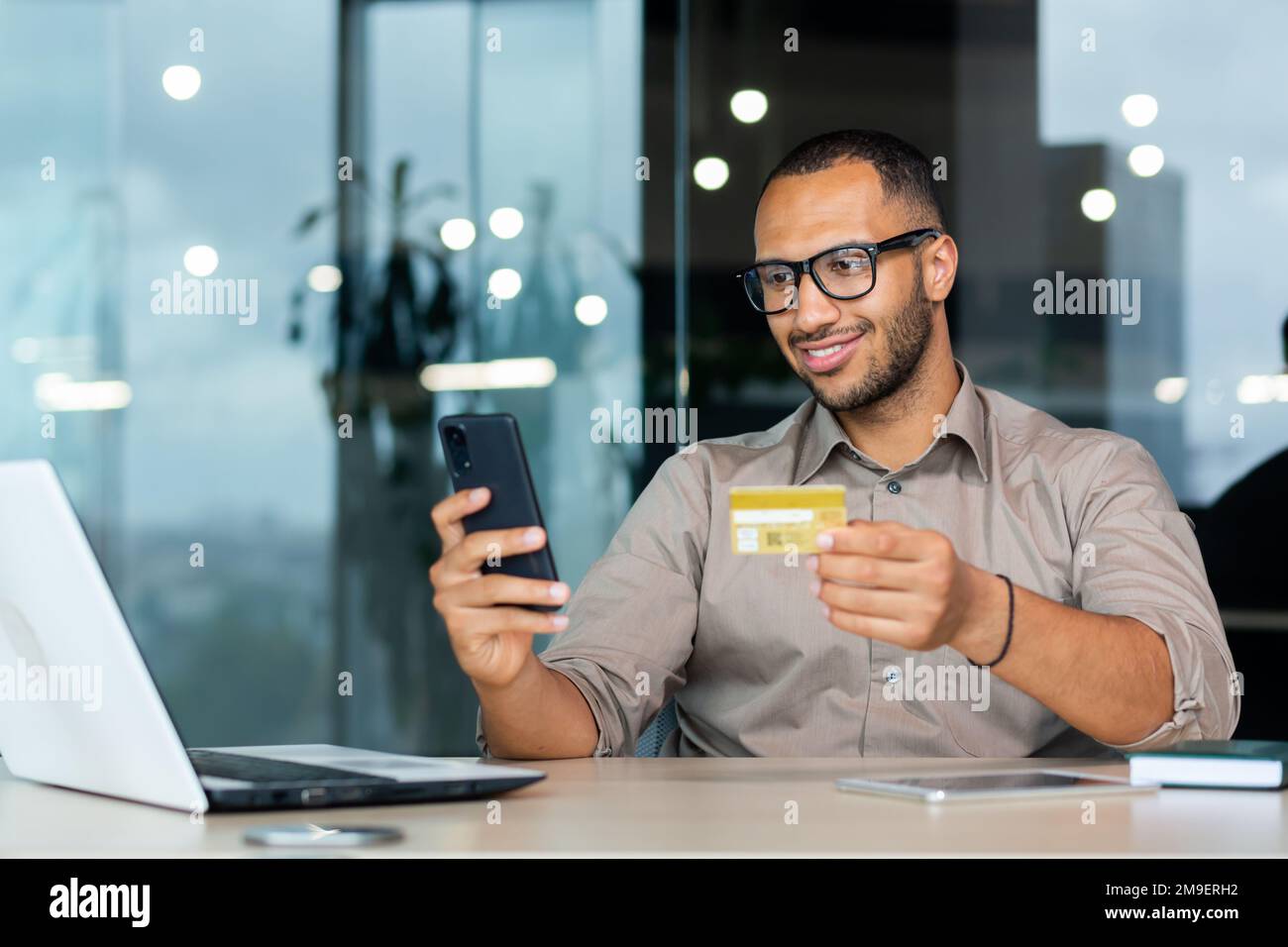 Successful hispanic businessman inside office, man in shirt smiling and ...