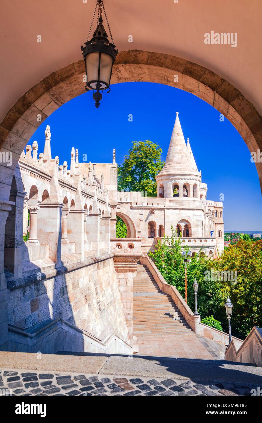 Budapest, Hungary - Sunny scenic Fisherman Bastion on top of Buda Hill ...