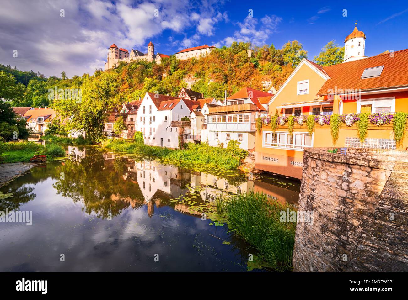 Harburg, Germany. Sunrise view with small charming village and castle ...