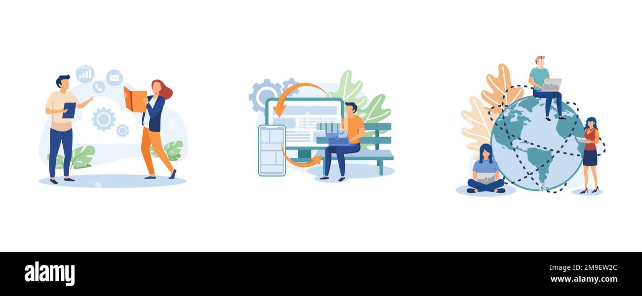 Global communication. Cloud management, cross-platform software, global network connection, data ...