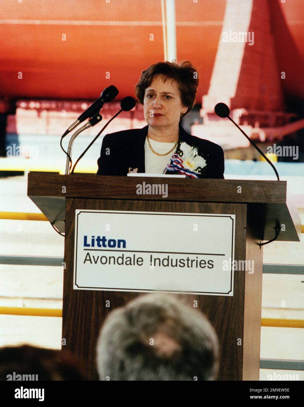Mrs. Polly Ellis, ship's co-sponsor, speaks during the official ...