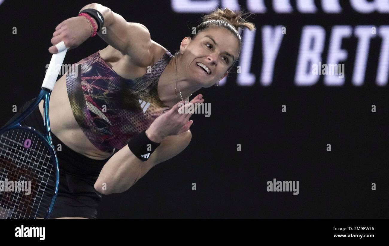 Maria Sakkari of Greece serves to Diana Shnaider of Russia during their ...