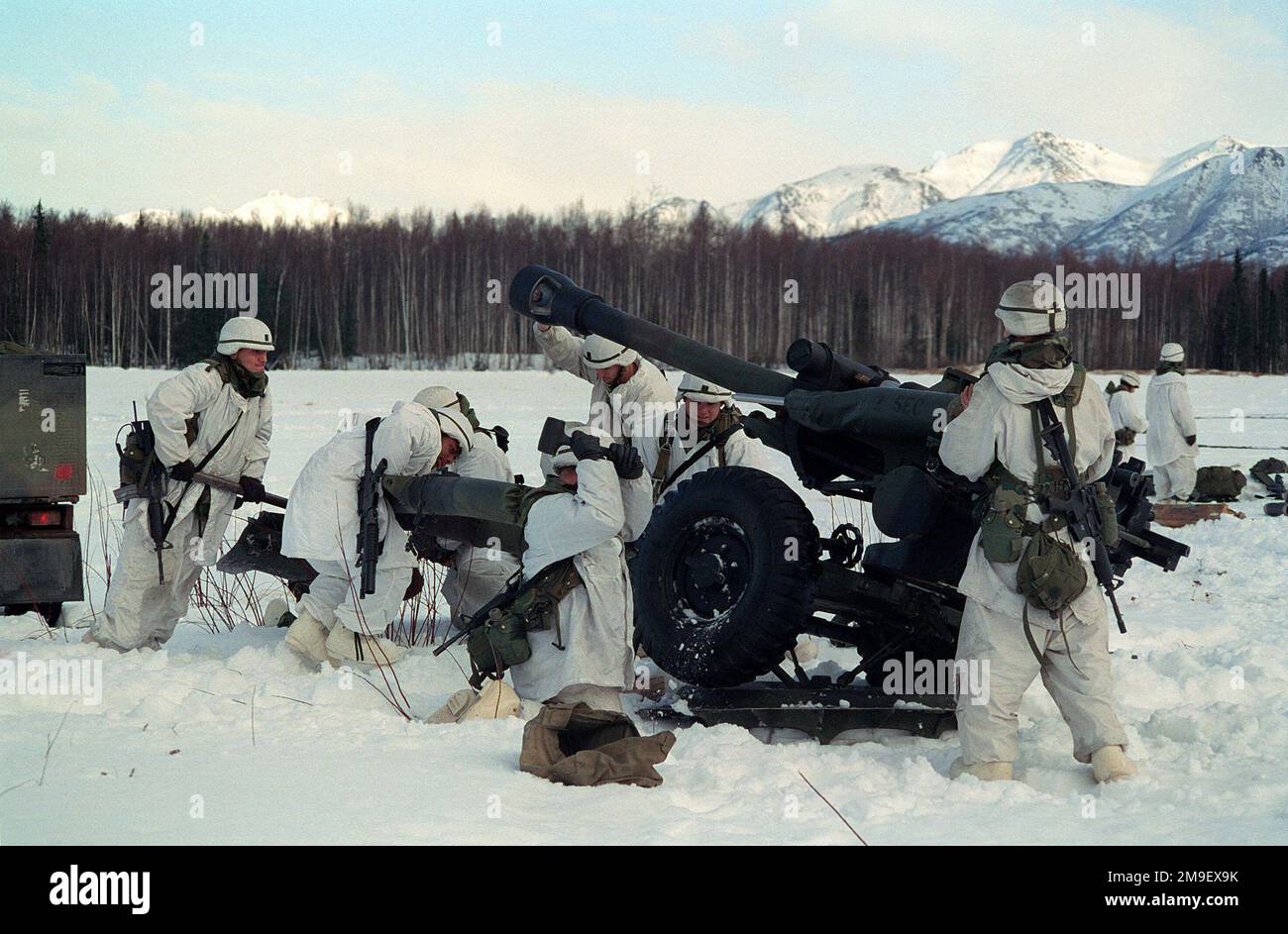 US Army Soldiers setup their M119-A1 Howitzer for support fire during ...