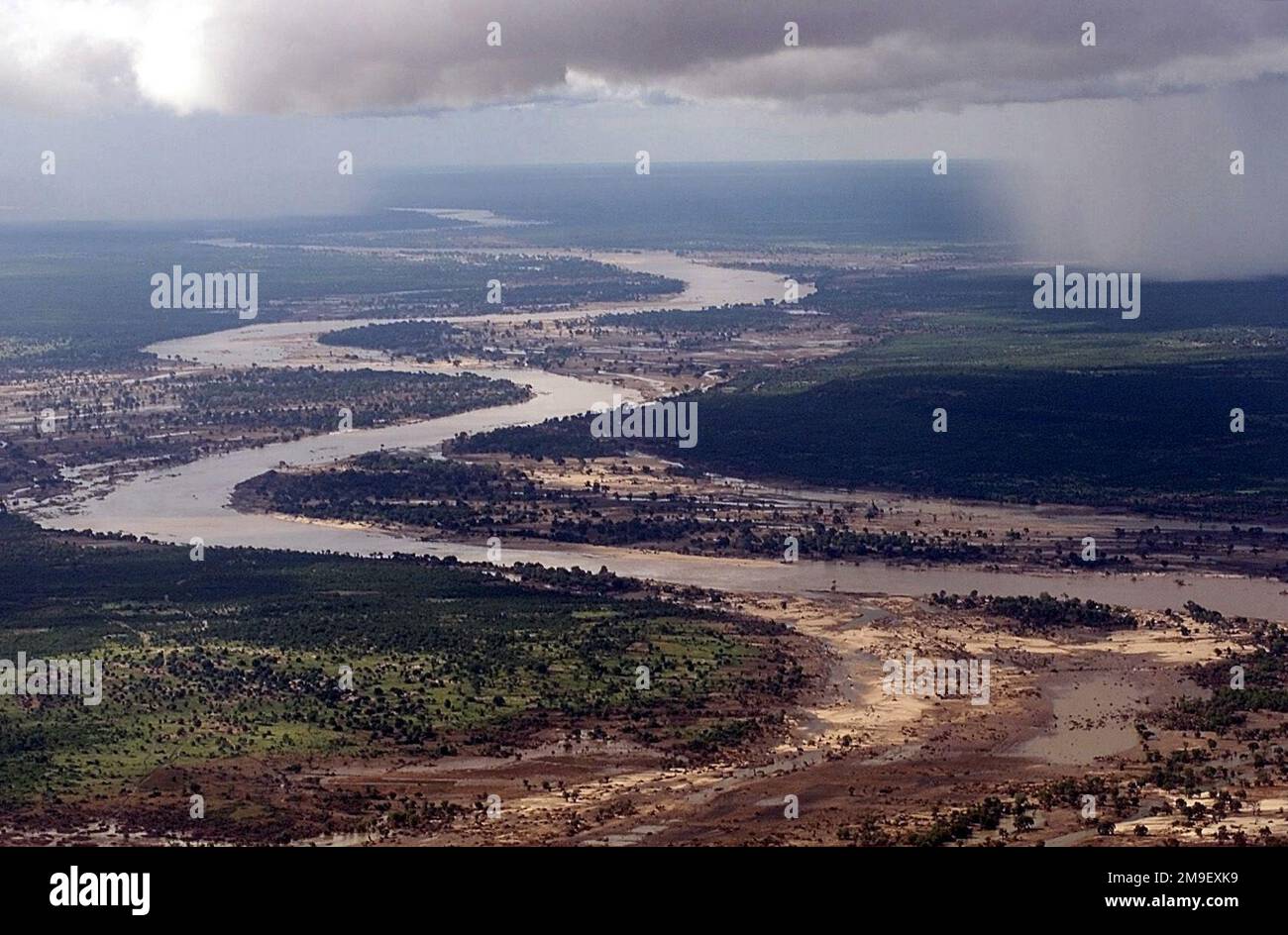 Aerial view, extreme long shot, looking down as the Limpopo River winds ...