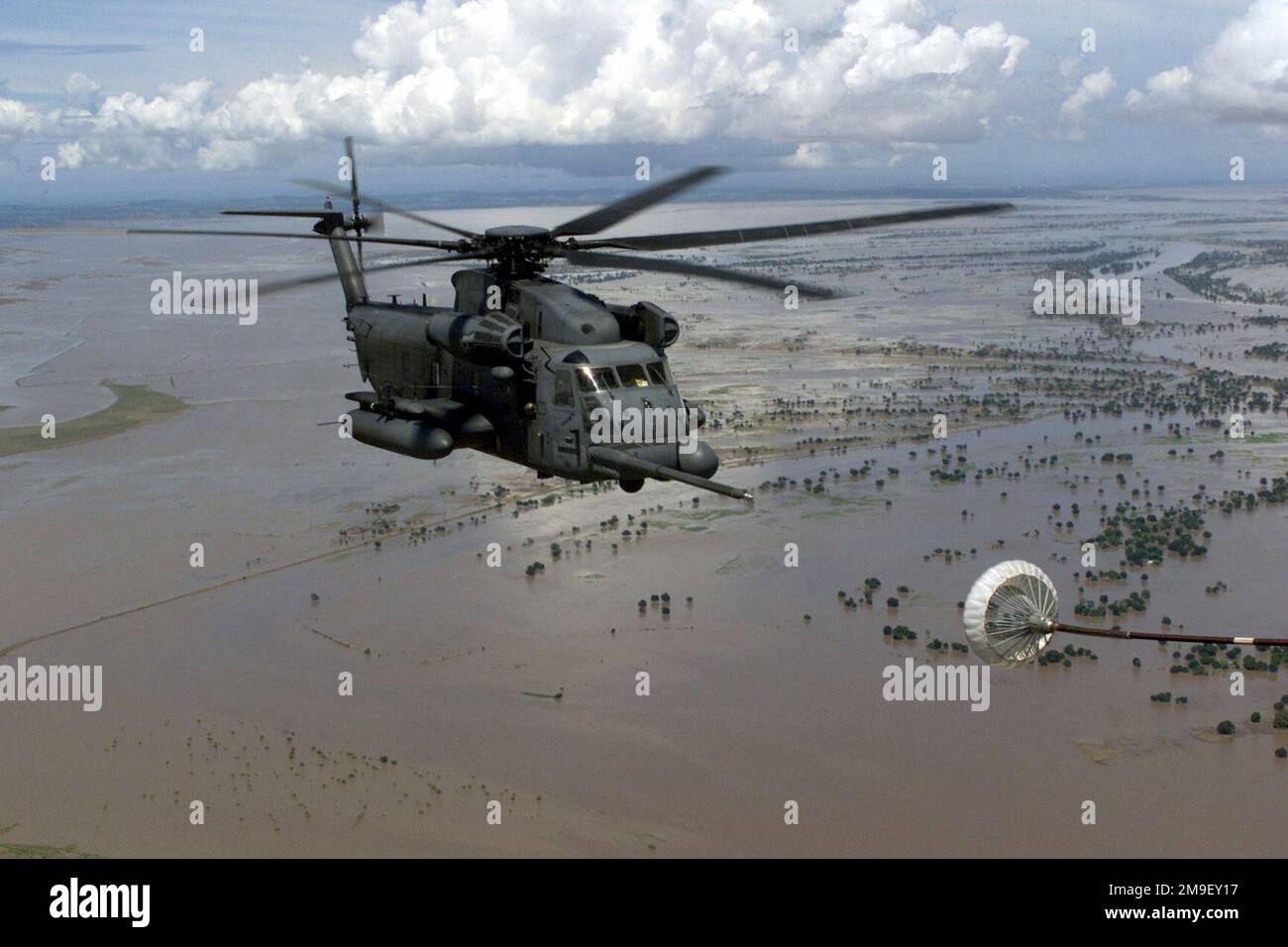 Right side front view medium long aerial shot as a US Air Force MH-53M ...