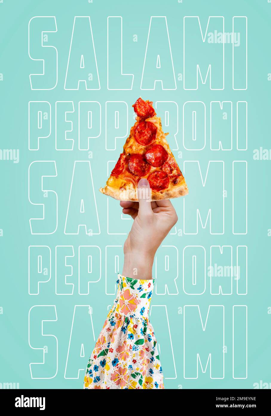 Modern food poster. Woman holding a piece of salami pepperoni pizza ...