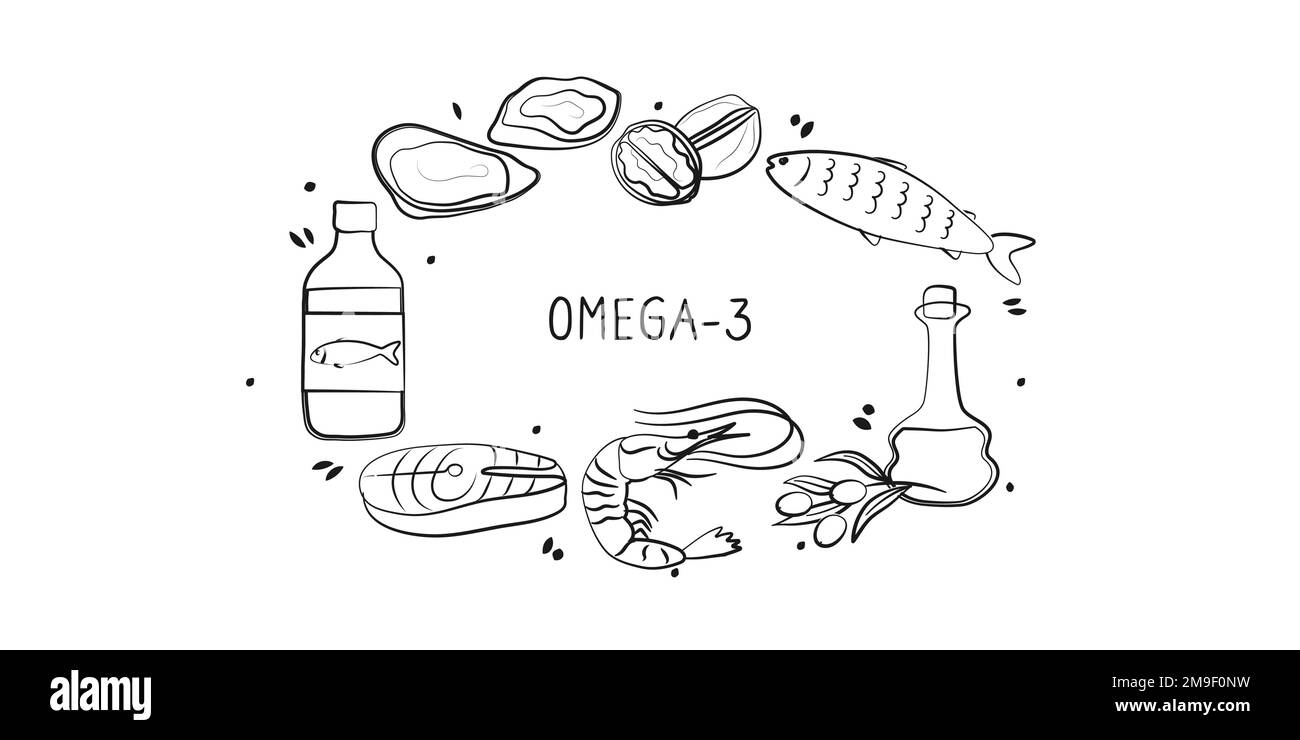 Omega-3-containing food. Groups of healthy products containing vitamins ...