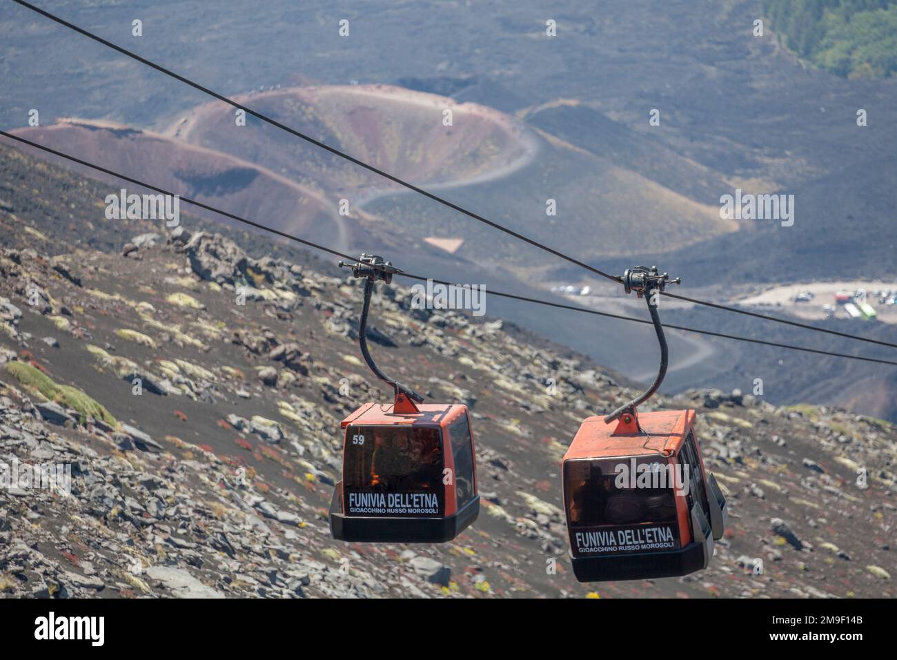 Cable cars ascending and descending the slopes of Mount Etna, Europe’s ...