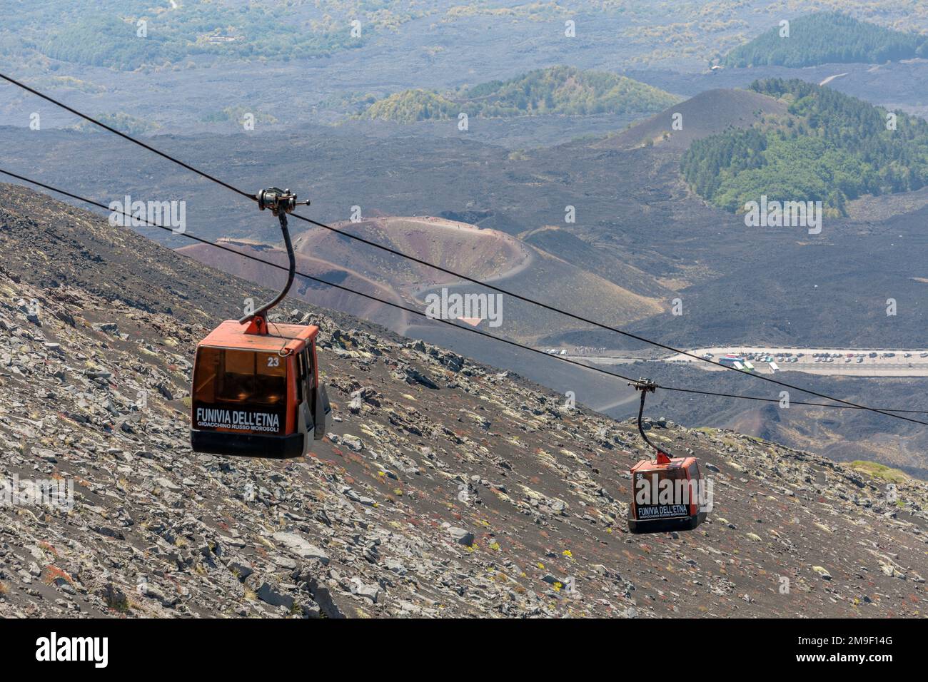 Cable cars ascending and descending the slopes of Mount Etna, Europe’s ...