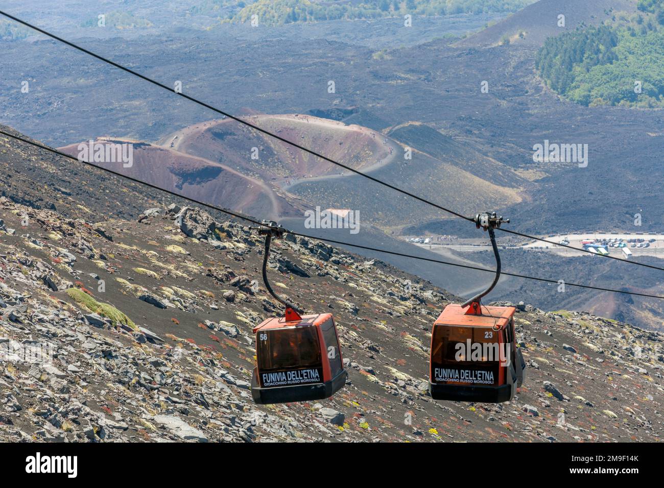 Cable cars ascending and descending the slopes of Mount Etna, Europe’s ...