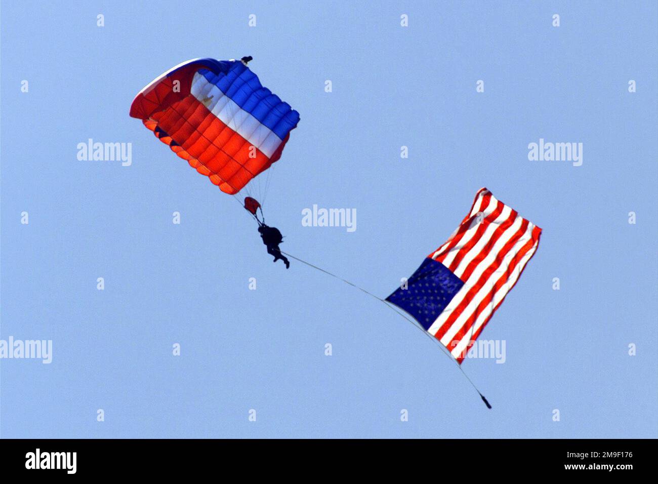 Left side profile long shot from a low angle looking up as US Air Force ...