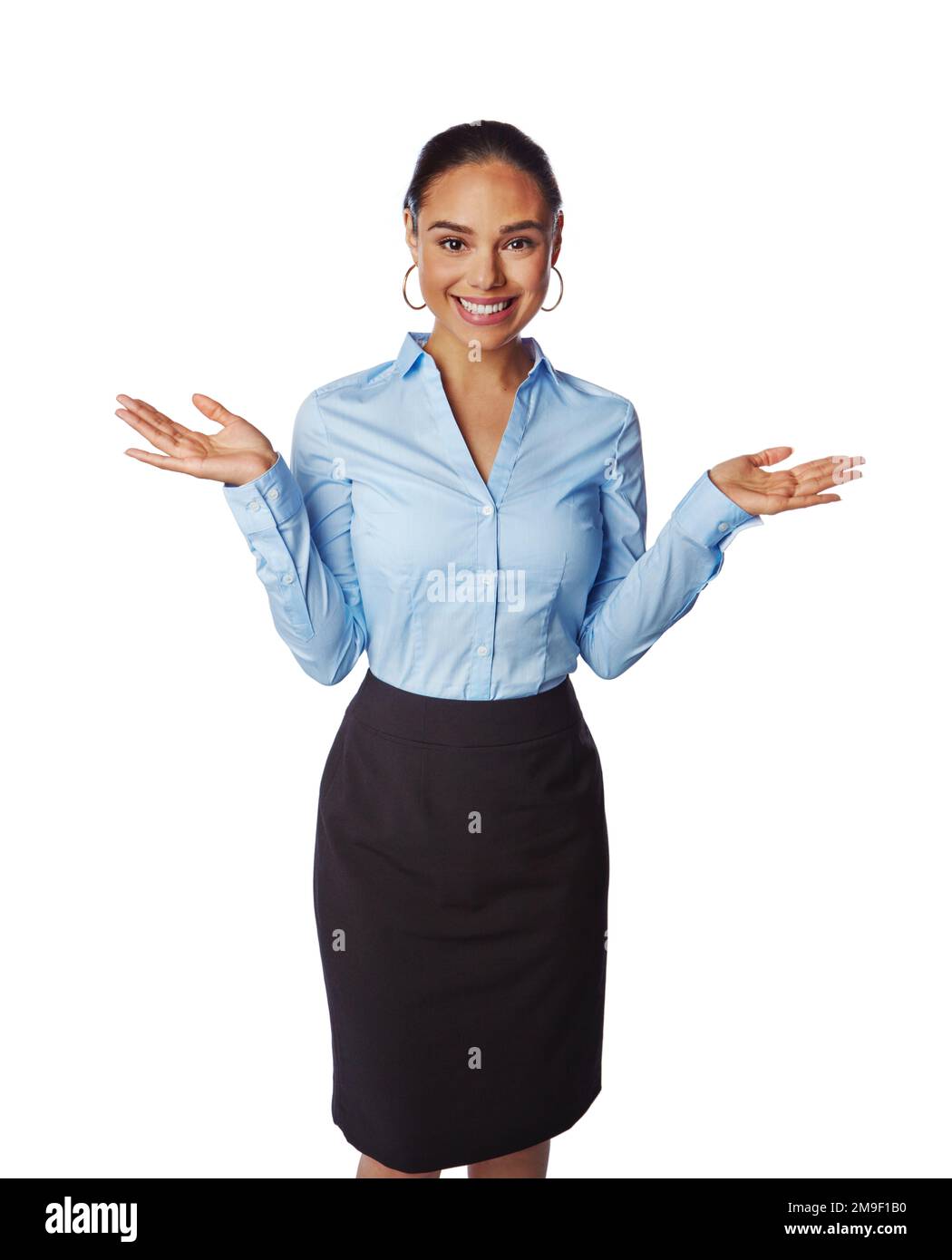 Business woman, smile portrait and open hands standing ready for ...