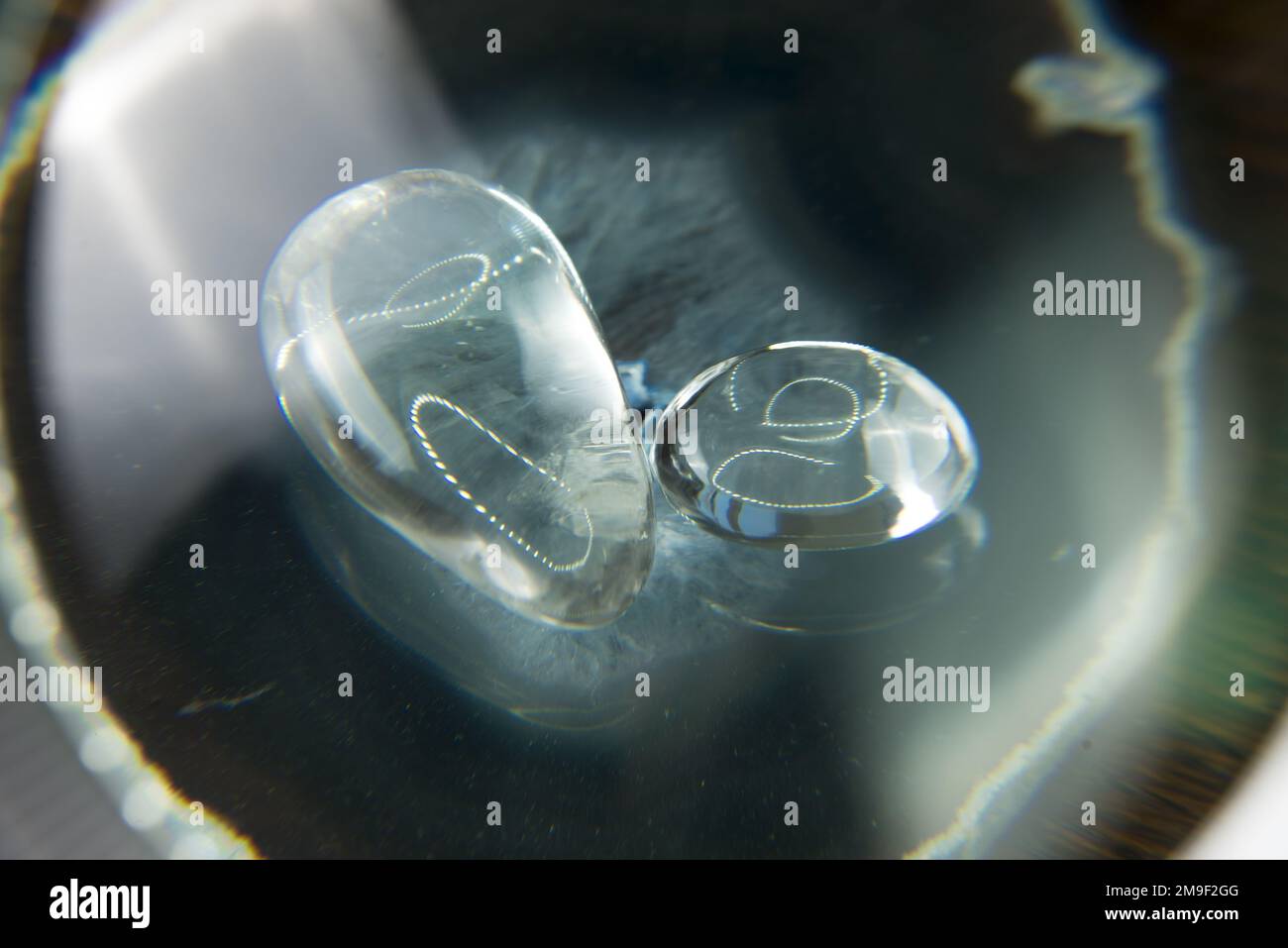 A macro of two polished rock crystals on an agate disc, photographed by ...