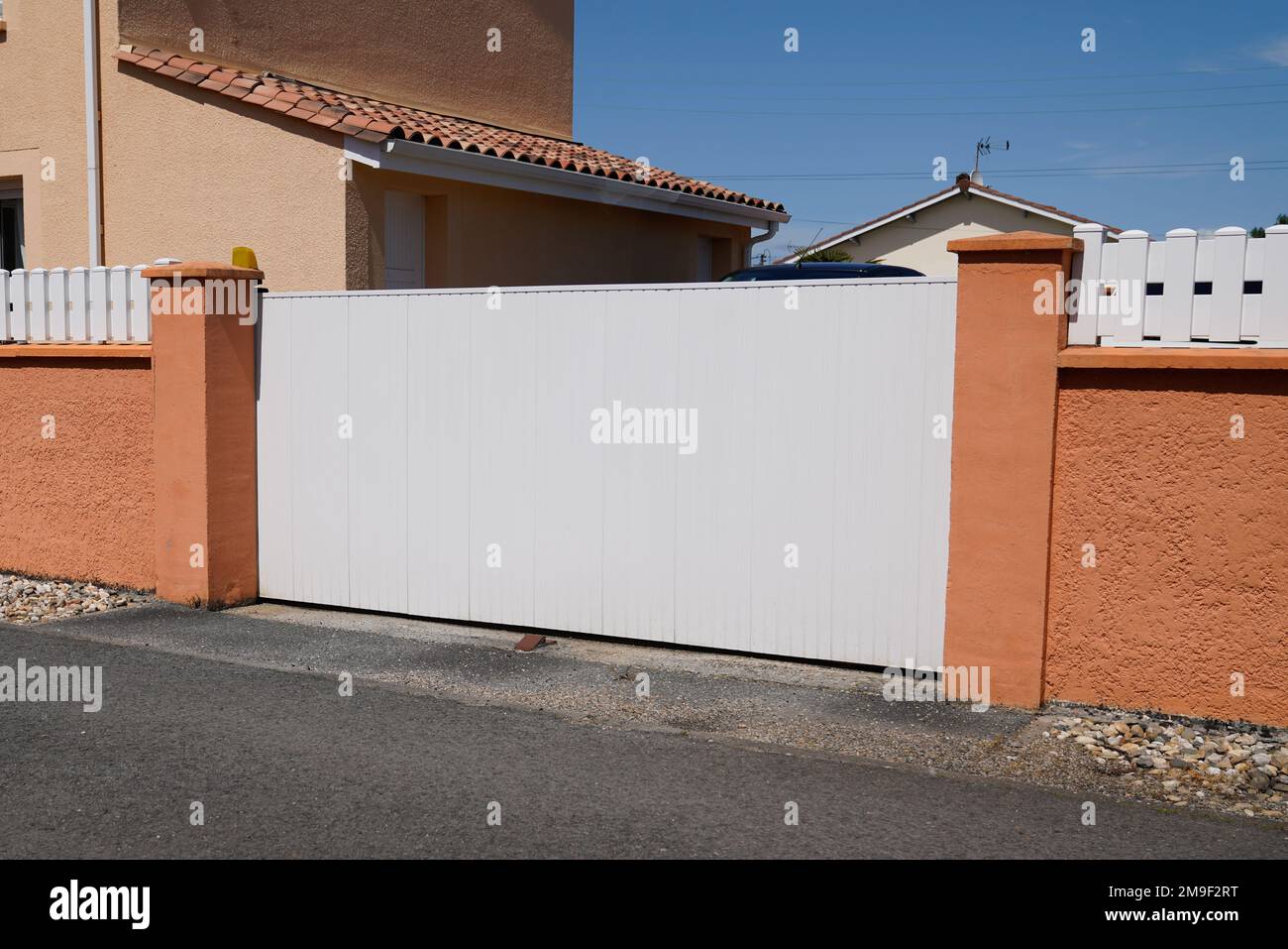 large white aluminum home gate portal of suburbs house city Stock Photo ...