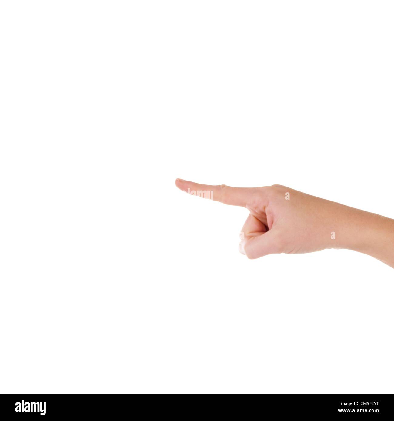 Studio, pointing hand of woman and marketing, advertising or promotion ...