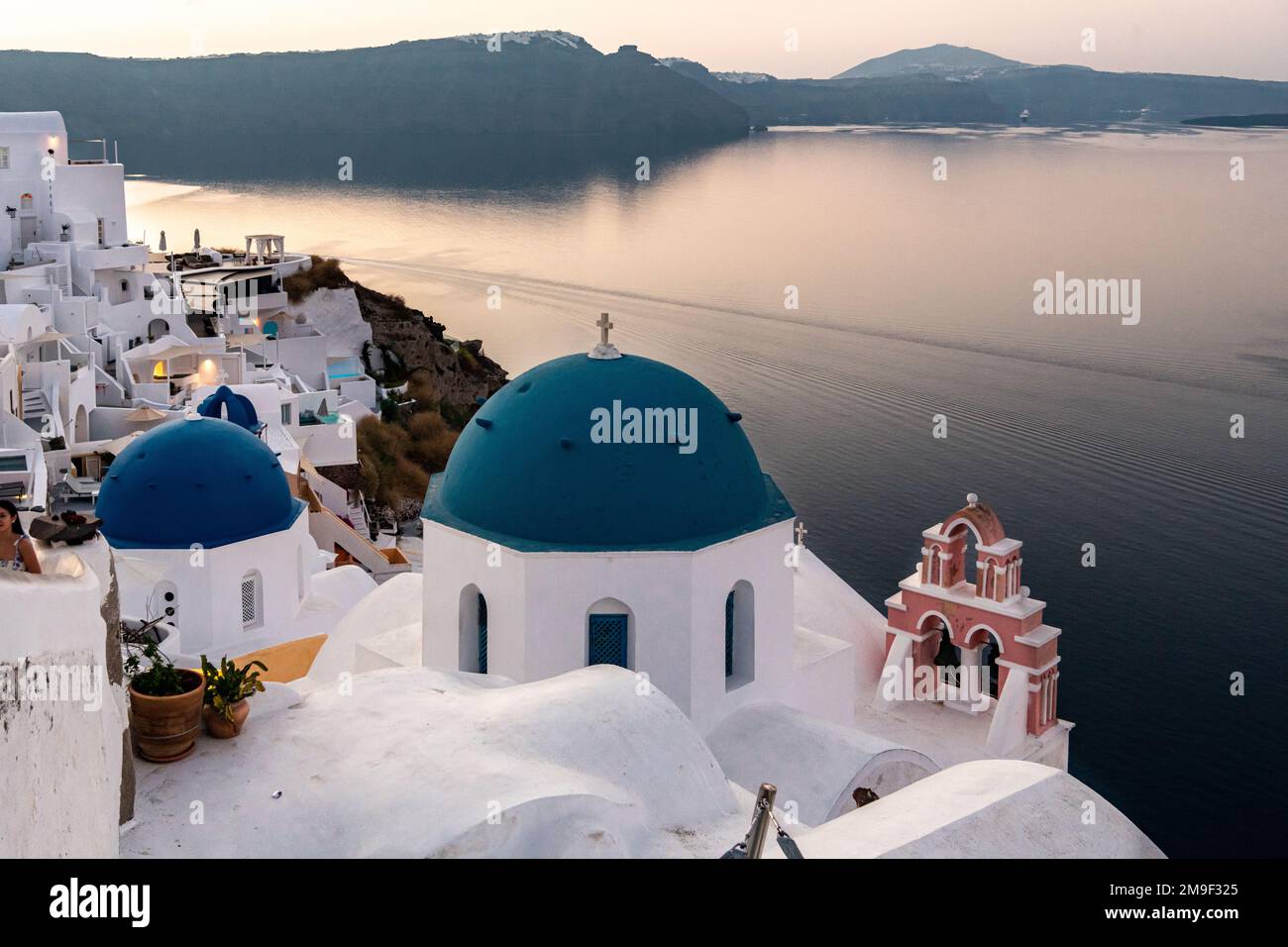 View over the famous blue domed churches of Santorini, Greece Stock ...