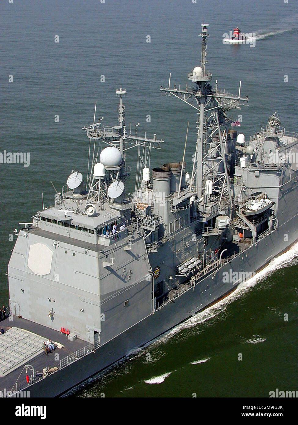 Oblique port bow view of the superstructure area of the guided missile ...