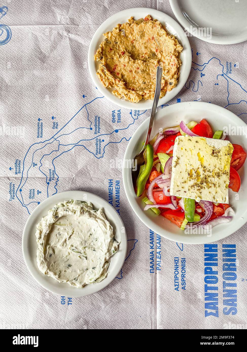 Typical Greek lunch of Greek Salad, Tzatziki and Roasted Pepper Dip ...