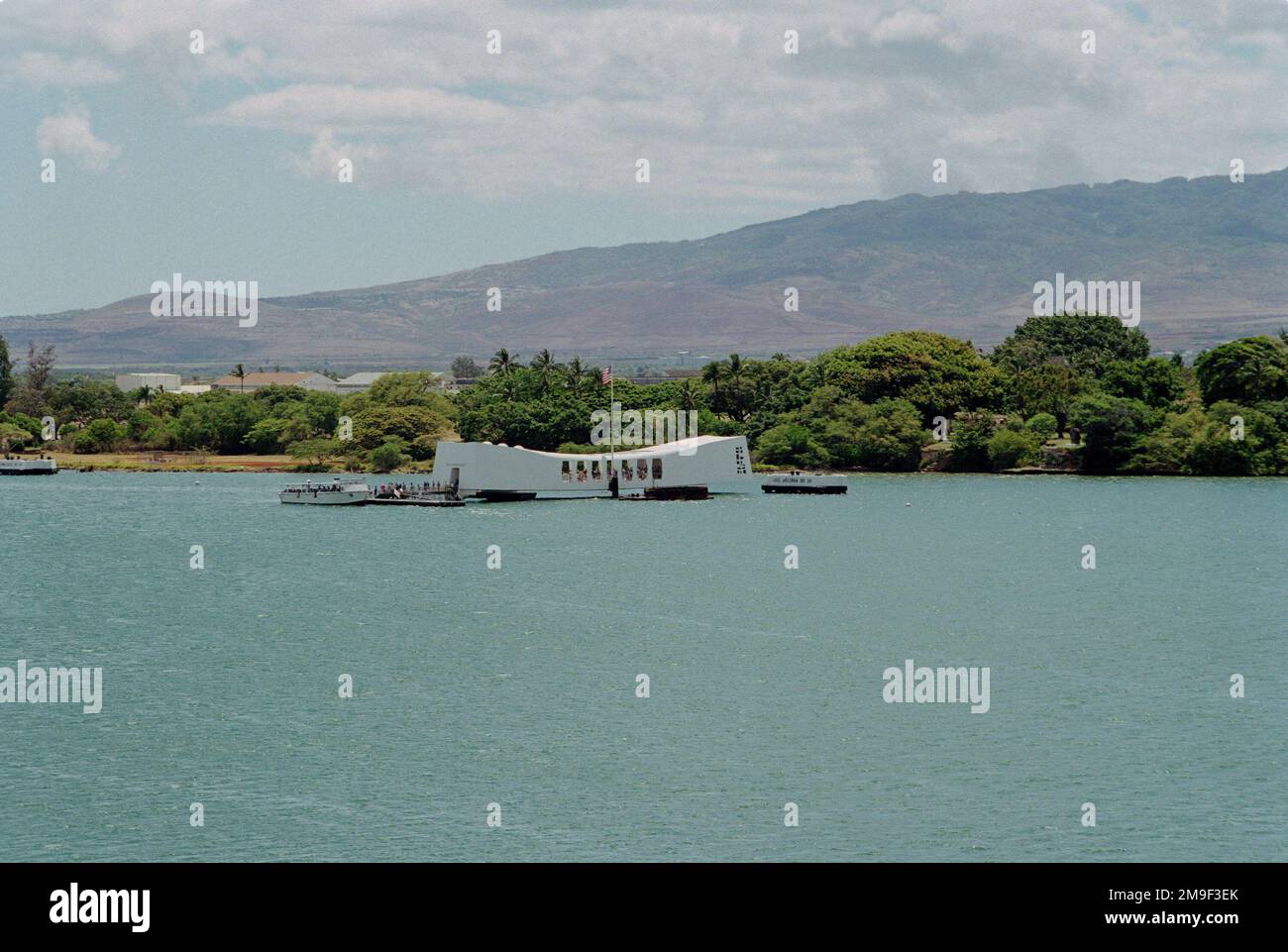 A view of the USS ARIZONA Memorial, it spans the wreck of the ...