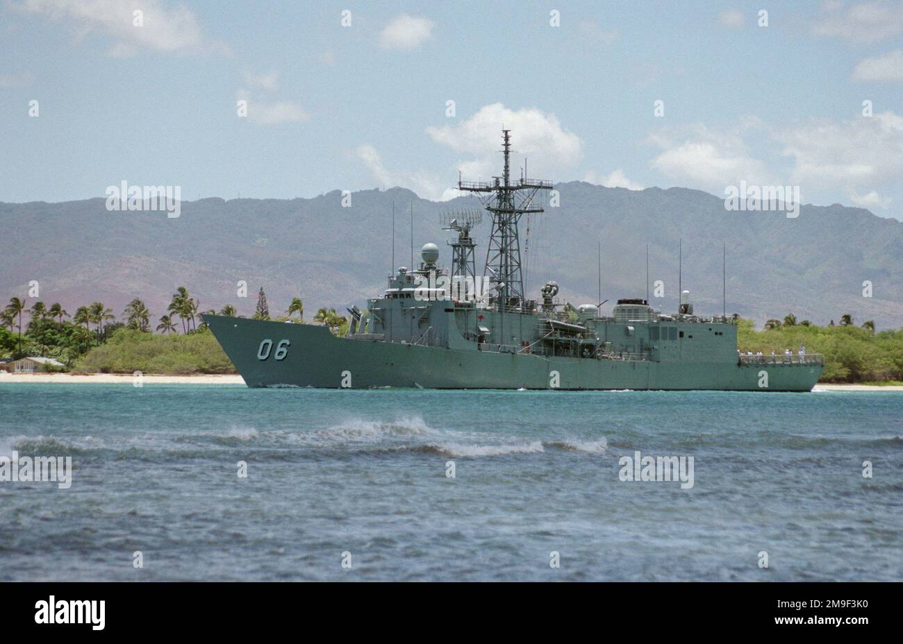 Port bow view of the Australian guided missile frigate HMAS NEWCASTLE ...