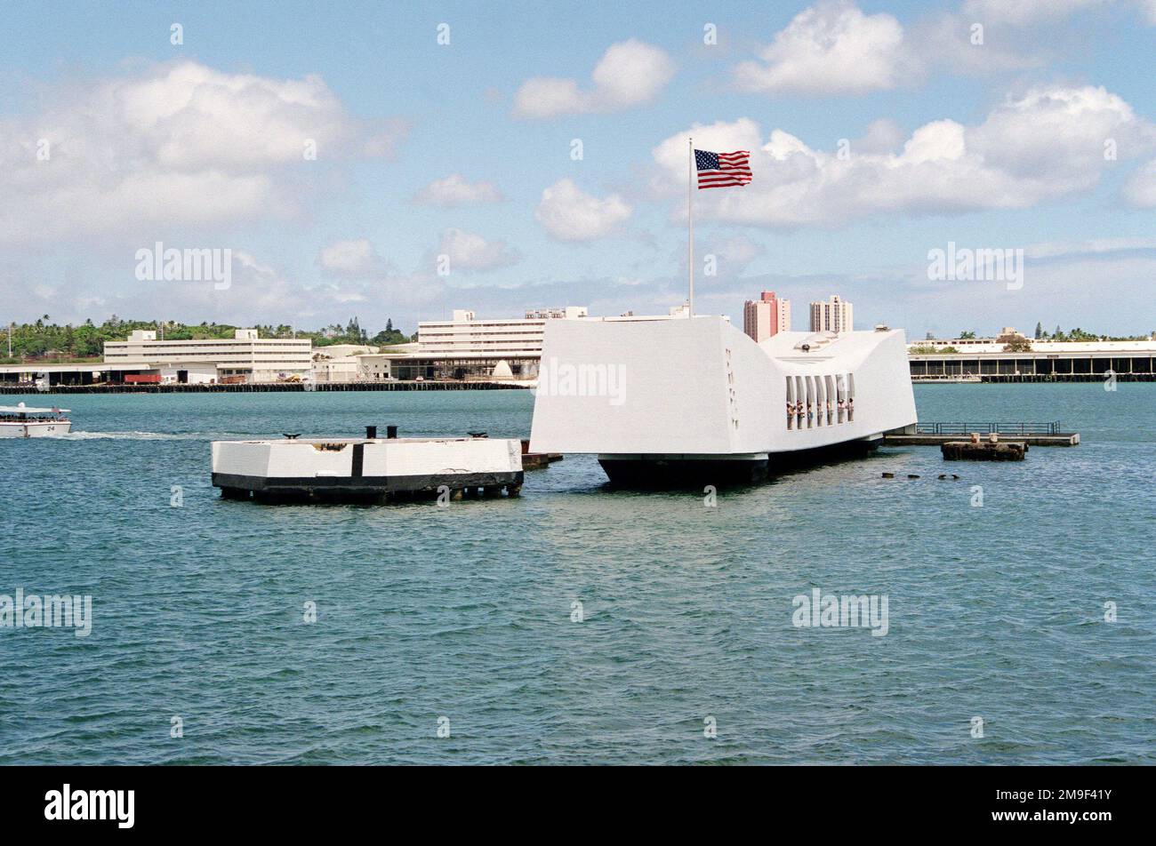 A view of the USS ARIZONA Memorial which spans the hulk of the sunken ...