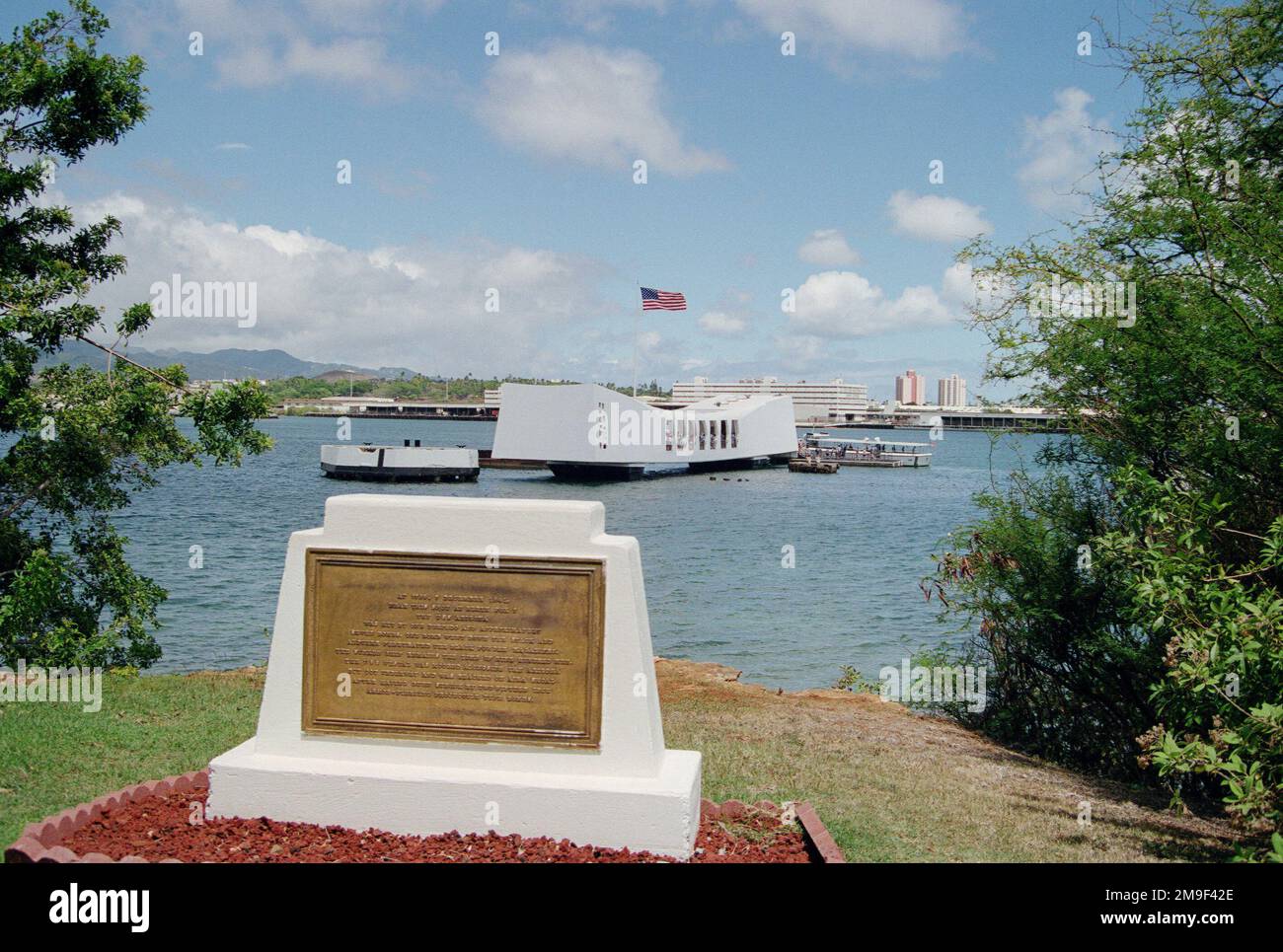A bronze plaque commemorates the loss of the battleship USS ARIZONA (BB ...