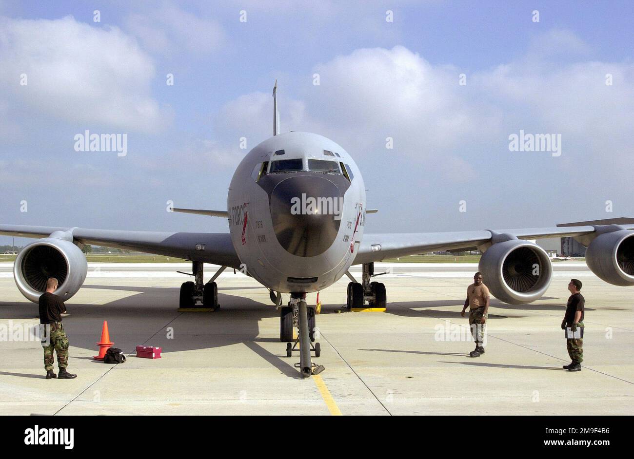 Straight on medium shot of a US Air Force KC-135 Stratotanker from ...