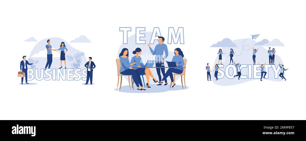 cohesive teamwork in the startup , meeting opinion concept, teamwork, set flat vector modern ...