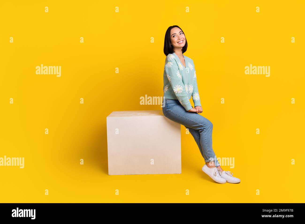 Full size photo of gorgeous woman bob hairstyle dressed blue pullover ...