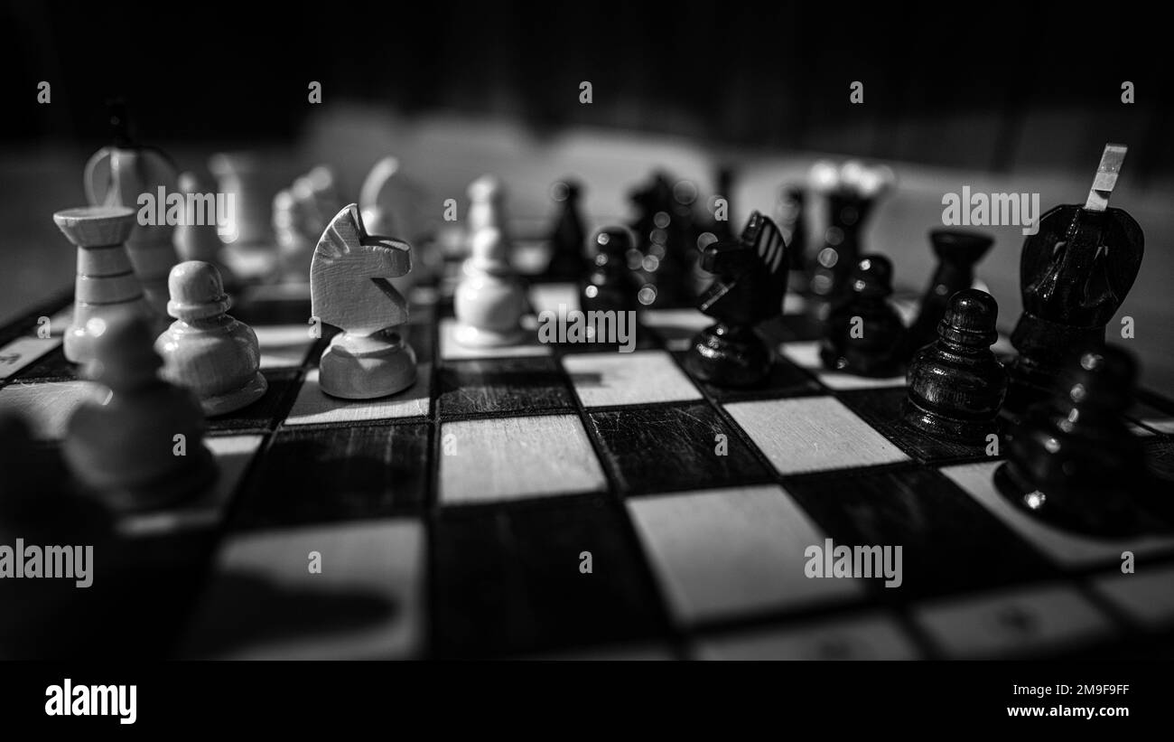 The set of wooden chess pieces elements standing on chess board on dark ...