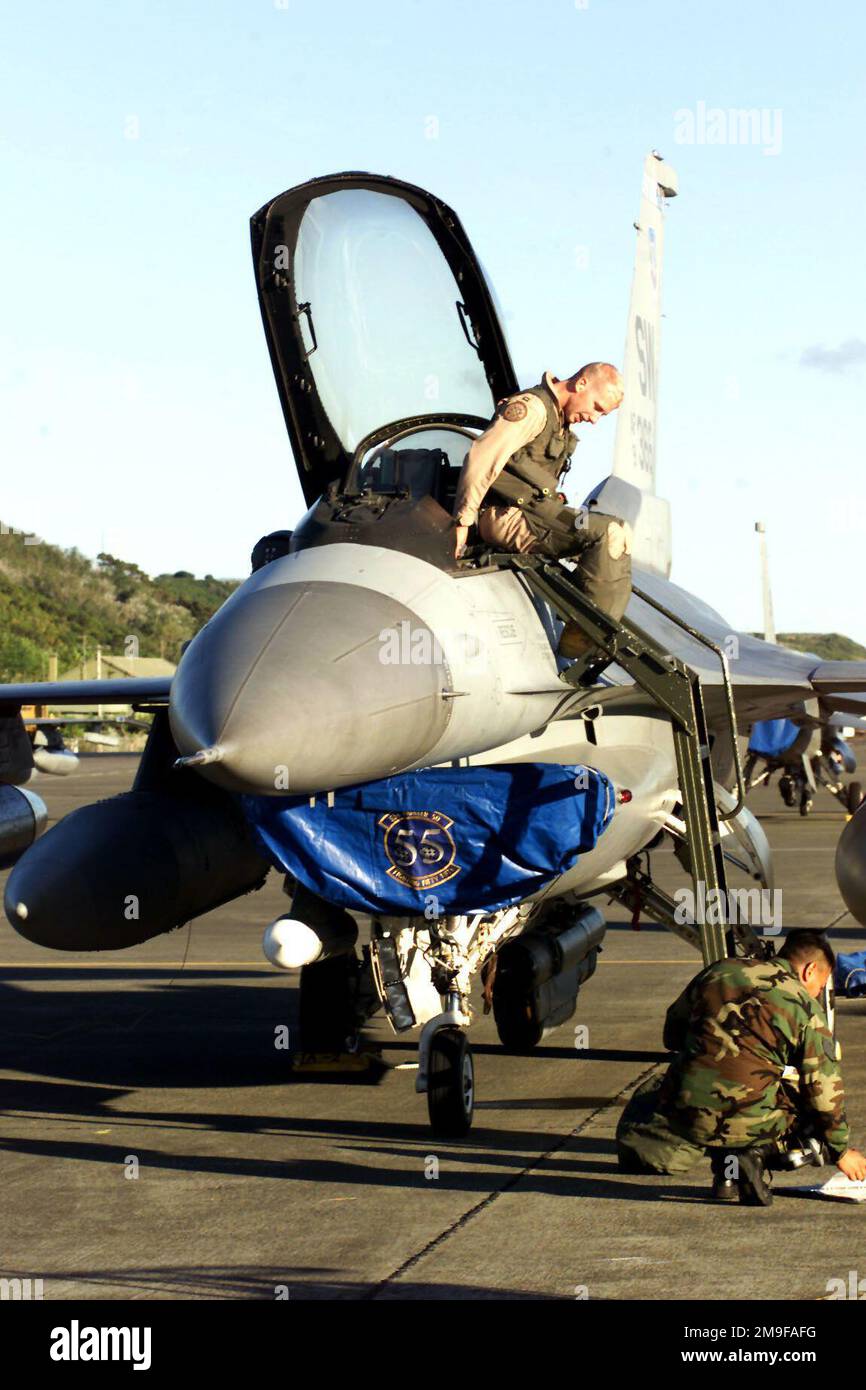 US Air Force Captain Vincent Cyran prepares to exit his F-16CJ aircraft ...