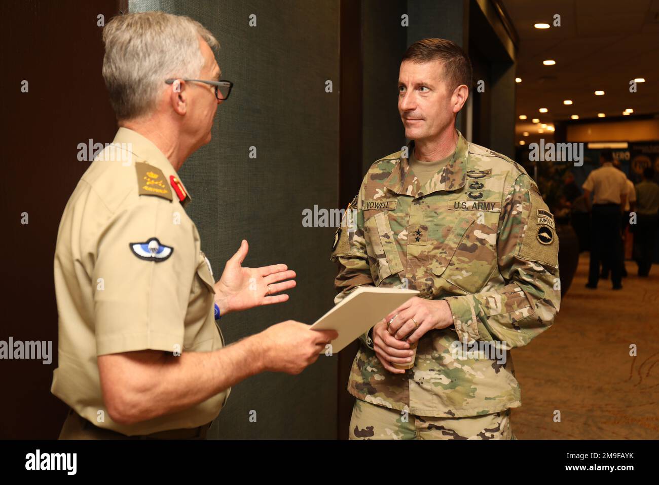 Maj. Gen. JB Vowell, right, commander of U.S. Army Japan, speaks with ...