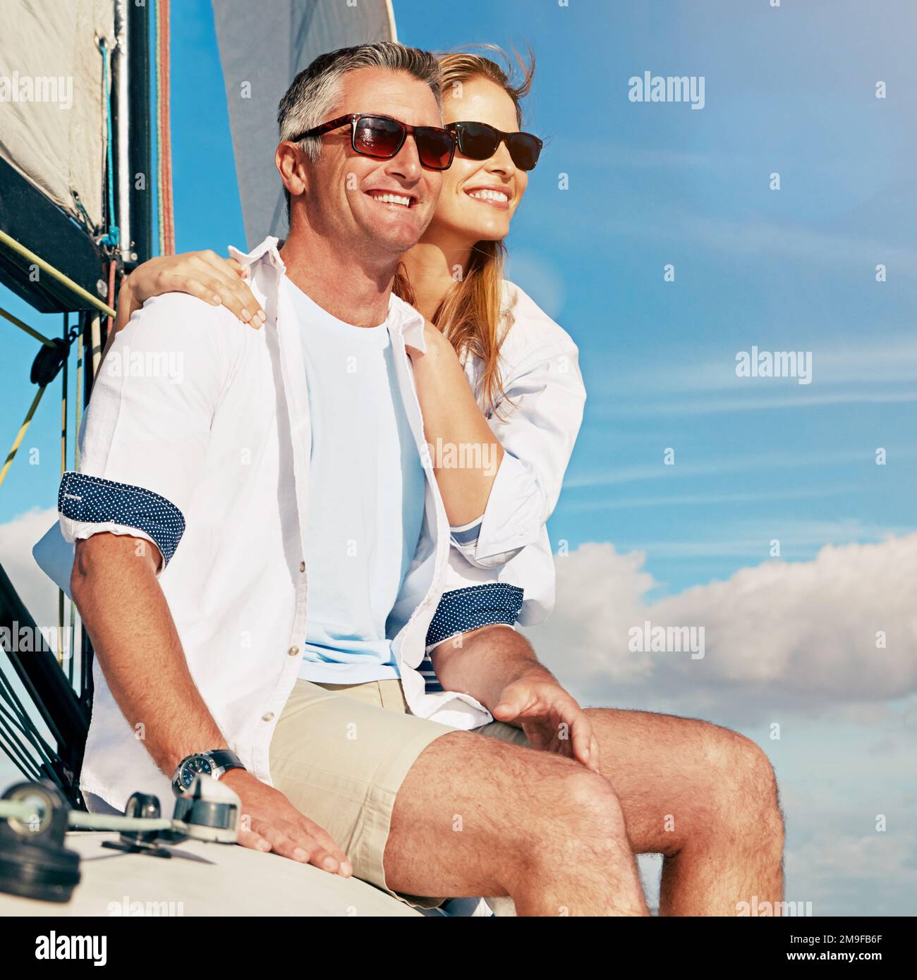 Couple sailing on yacht, adventure and travel, vacation with sea view ...