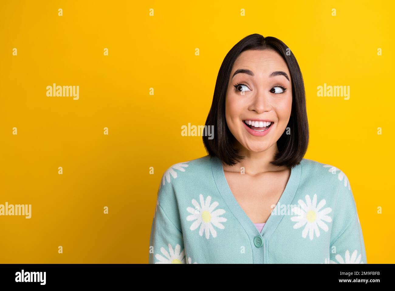 Photo of cheerful adorable lady wear trendy clothes look empty space ...