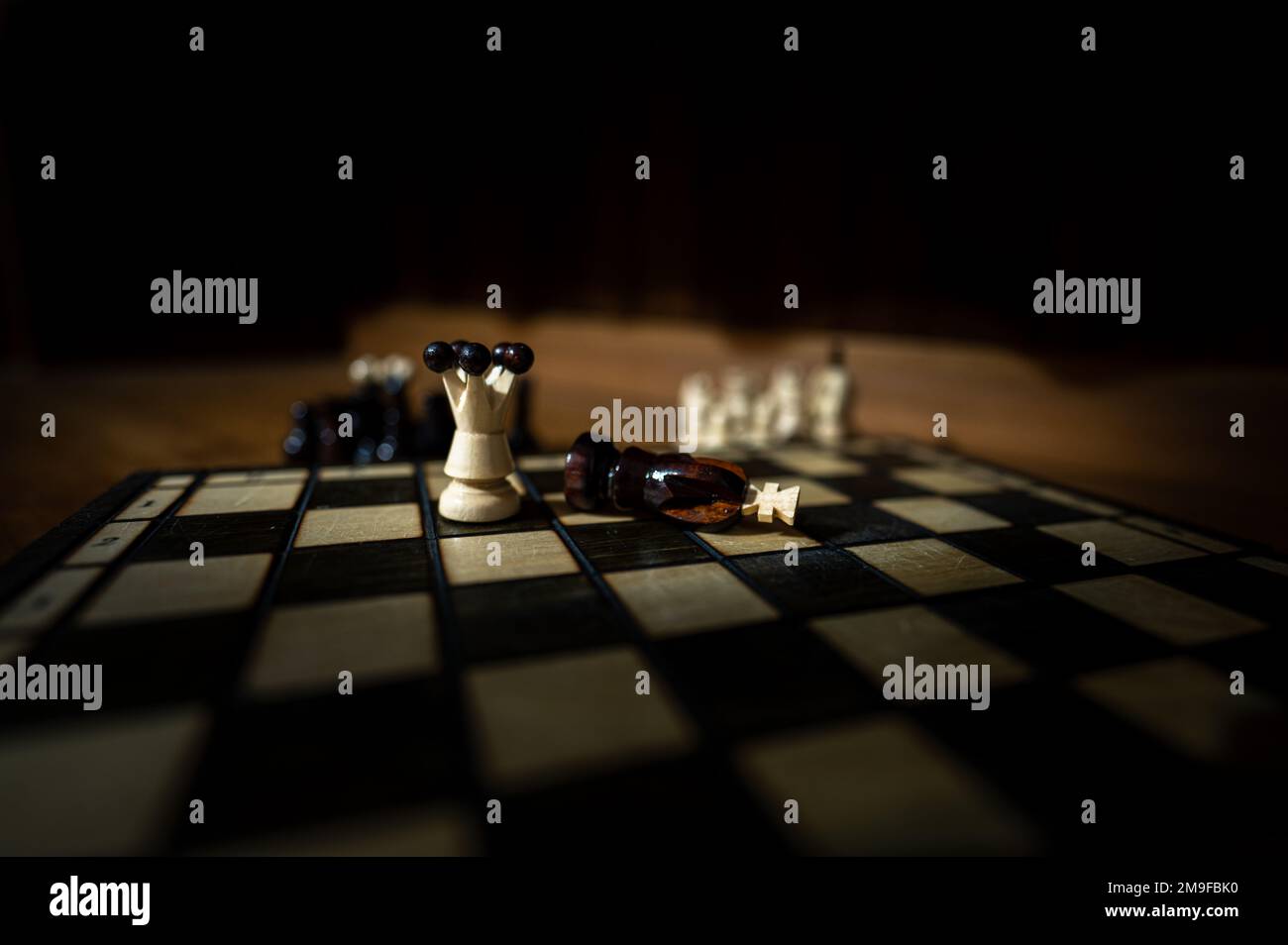 Blurred background with a low depth of focus. The set of wooden chess ...