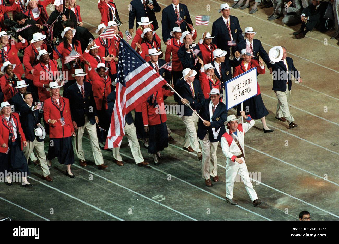 A high angle view looking down at the United States athletes as they ...