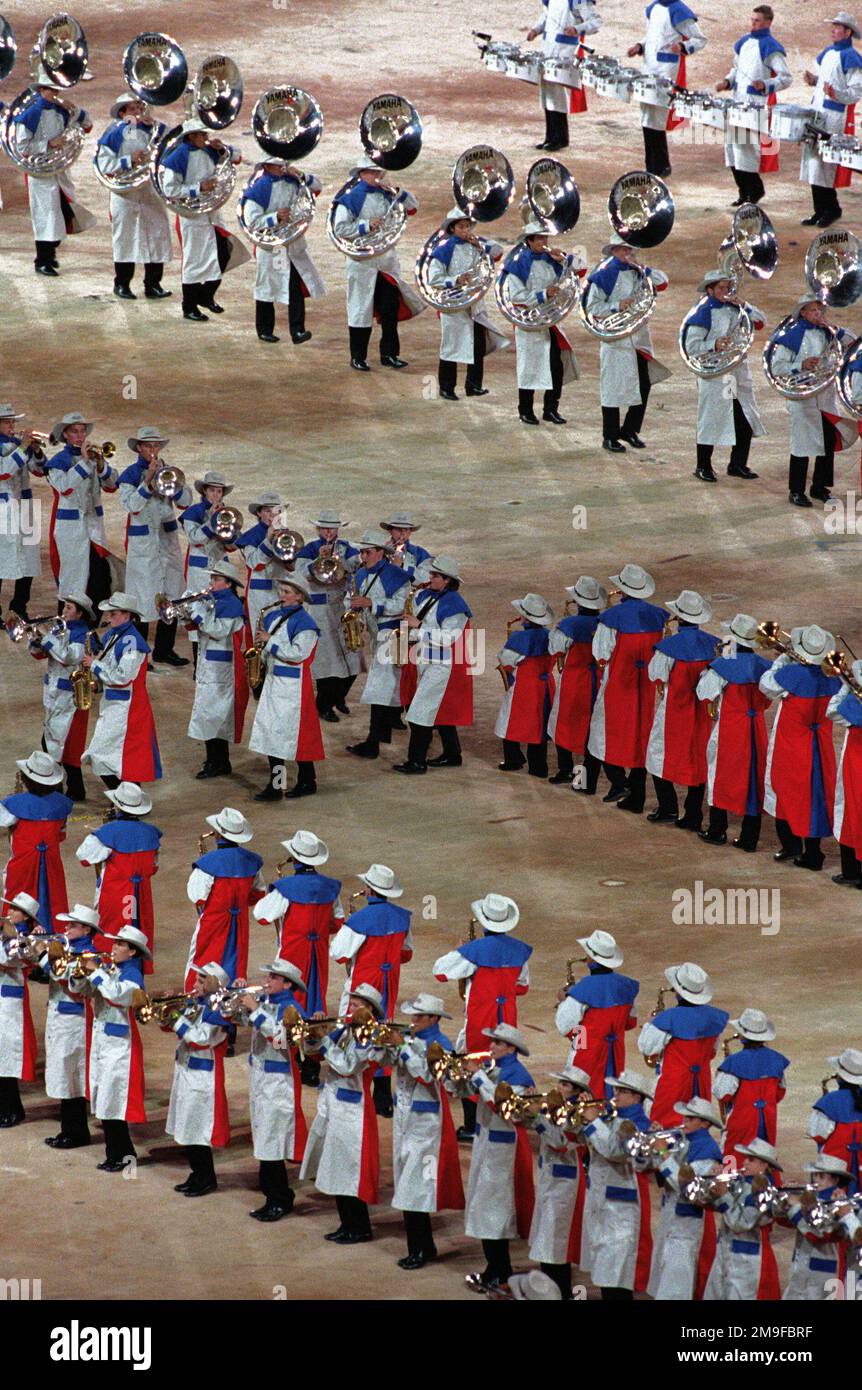 The Olympic band performs before an audience of 110,000 (Not shown ...